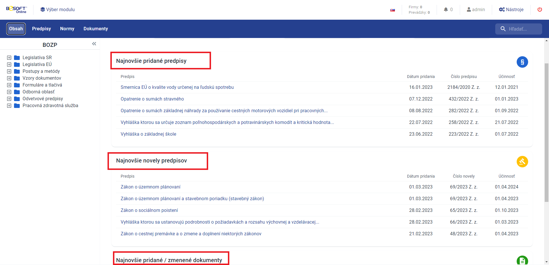 Prehľad zmien v legislatívno-dokumentačných moduloch BOZP, OPP, ŽP a CO | BESOFT Wiki